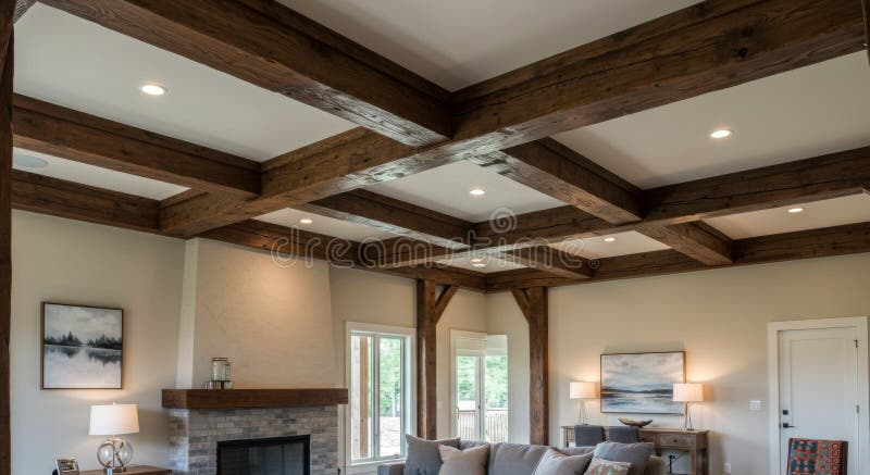 Rustic Modern Living Room with Exposed Wooden Beams Stock Illustration ...