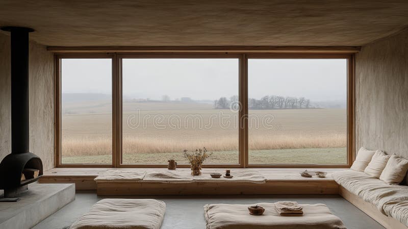 Rustic Modern Living Room with Panoramic Countryside Views Stock ...