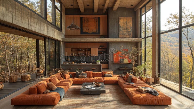 Rustic Modern Open-plan Living Area with Panoramic Views Stock ...