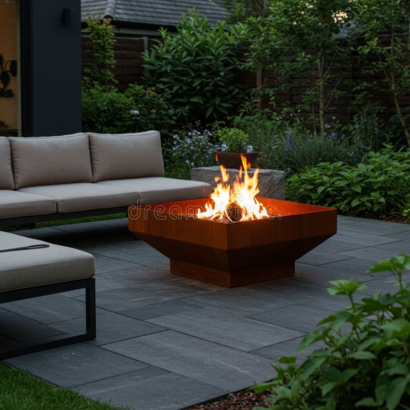 Rustic Modern Outdoor Fire Pit on Stone Patio Stock Illustration ...