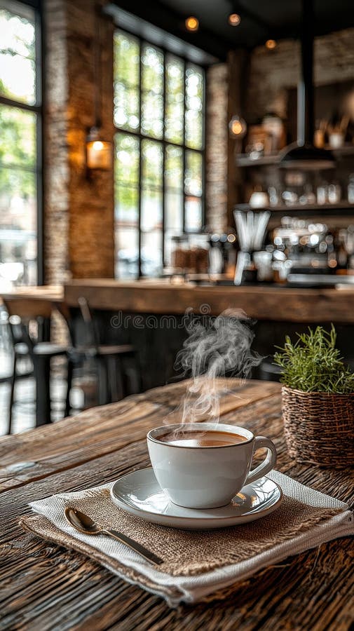 Rustic Modern Table Setup Featuring a Steaming Cup in a Cozy Cafe ...