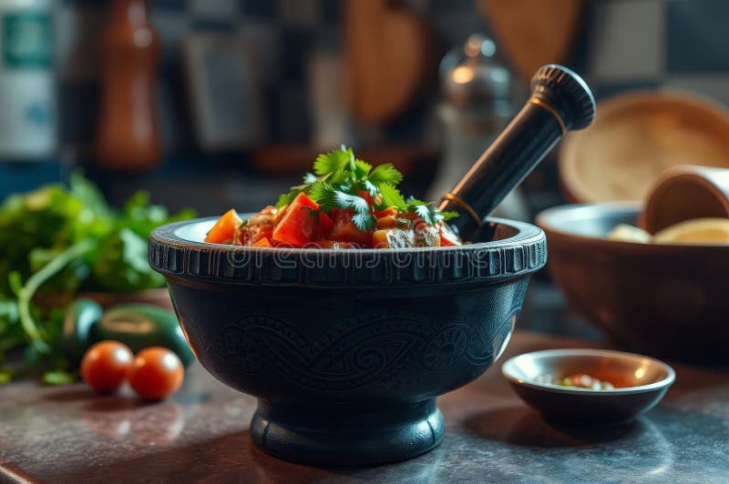 Traditional Mexican Molcajete Salsa Stock Illustration - Illustration ...