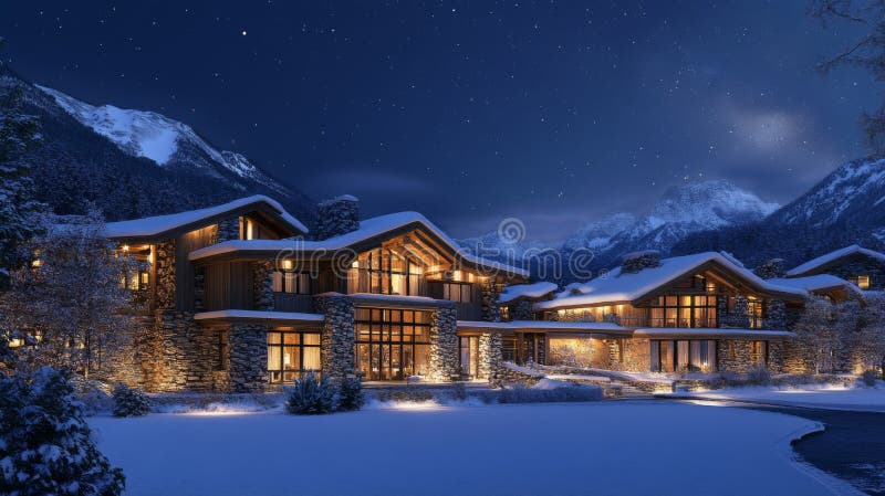 A Rustic Mountain Cabin Illuminated Against a Starry Night Sky Stock ...