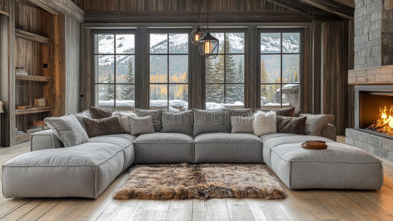 Rustic Mountain Cabin Interior with Cozy Fireplace and Large Gray Sofa Stock Illustration ...