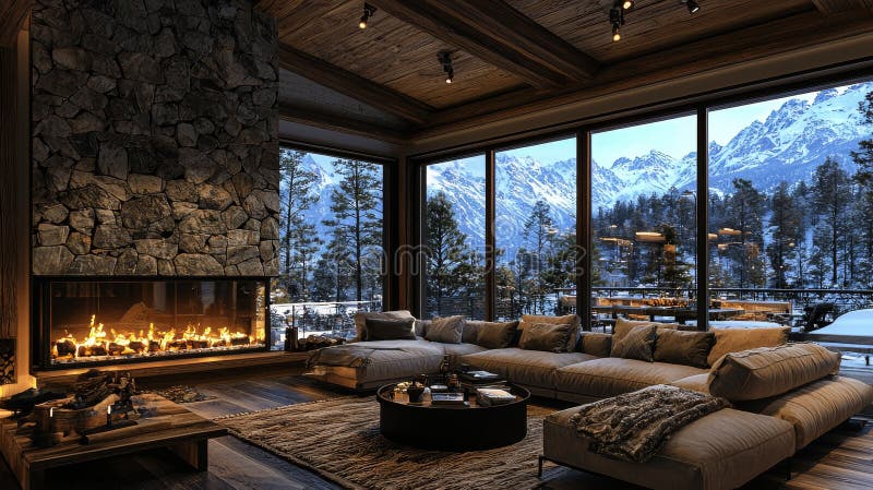 Rustic Mountain Cabin Interior with a Stone Fireplace, Ideal for ...