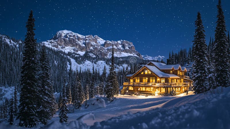 A Rustic Mountain Cabin Surrounded by Snow-covered Pine Trees Under a ...