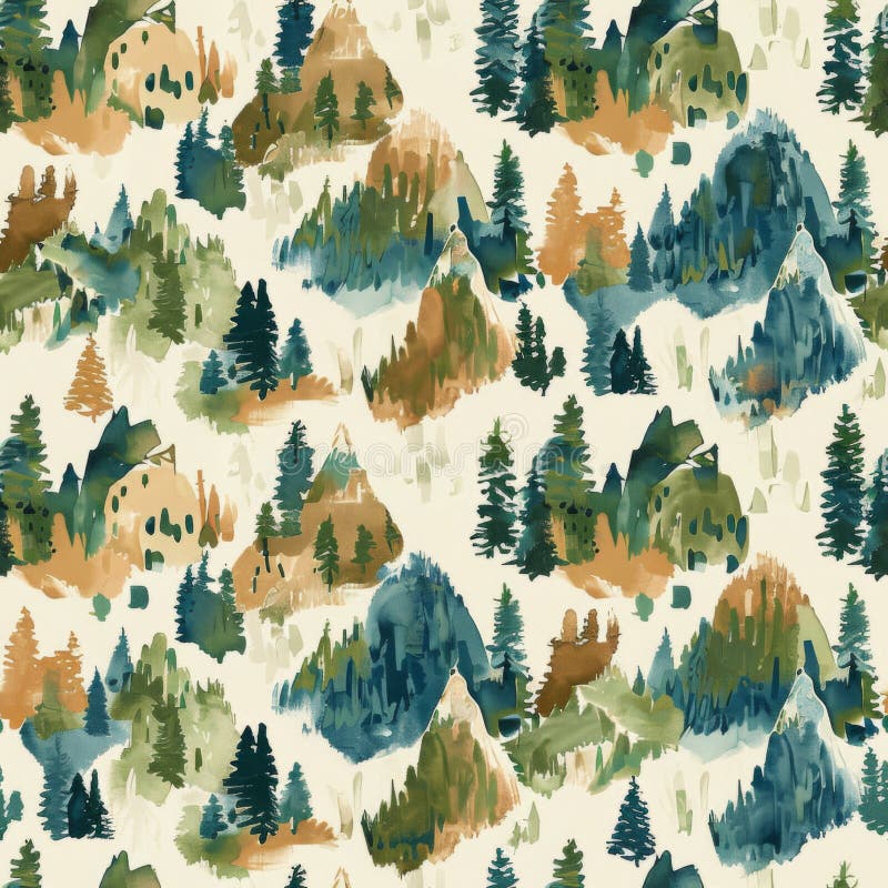Rustic Mountain and Forest Watercolor Pattern for Textile Design Stock ...