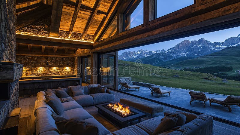 Rustic Mountain Lodge Living Area with Panoramic Views Stock ...