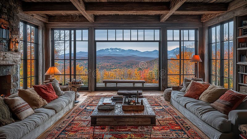 Rustic Mountain Lodge Living Room with Expansive Fall Views Stock ...