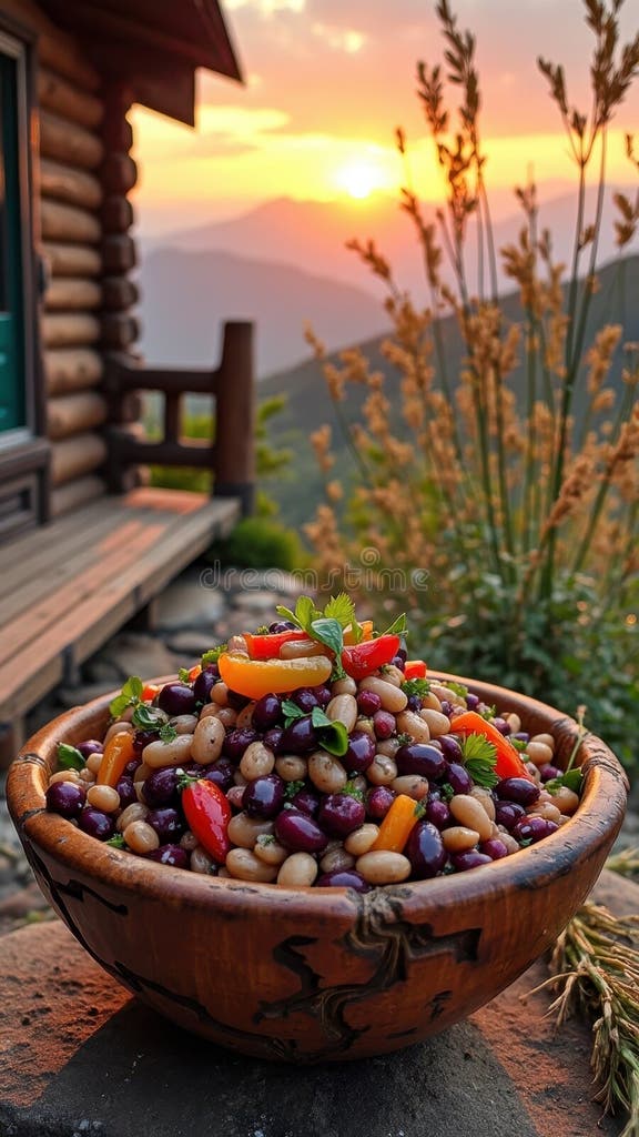 Rustic Mountain Retreat with Vibrant Mixed Bean Salad at Sunset Stock ...