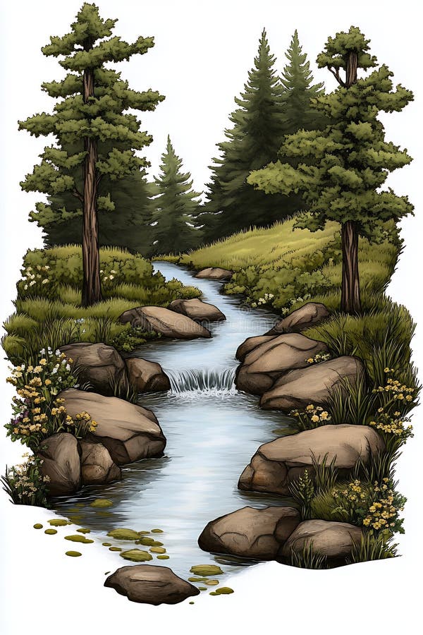 Rustic Mountain Stream Scene with Lush Greenery and Stones Stock ...