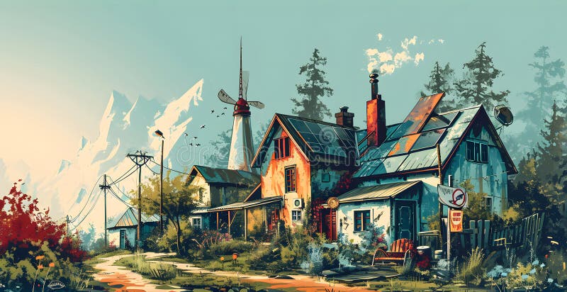 Rustic Mountain Village Scene. Painting Stock Illustration - Illustration of rustic ...