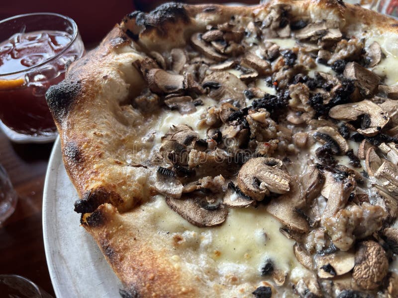 Rustic Mushroom Pizza with Sangria Stock Image - Image of mushroom ...