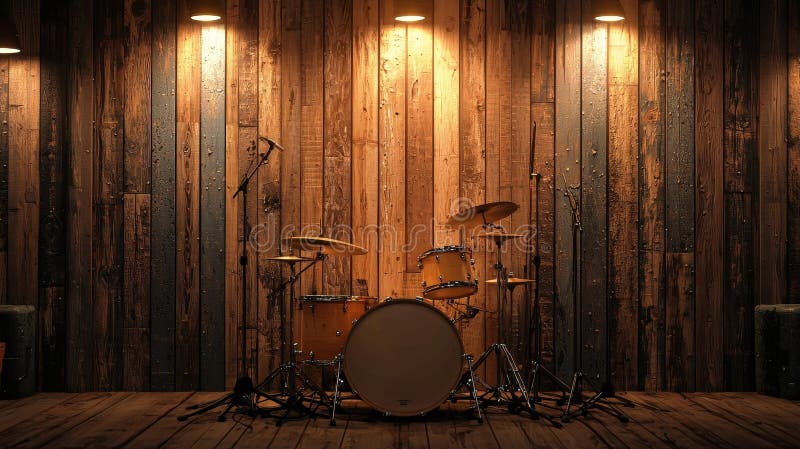 Rustic Music Studio Interior with Drum Set Against Wooden Wall Backdrop ...
