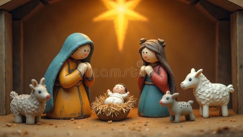 Rustic Nativity Scene with Hand Painted Figurines and Soft Starlight ...