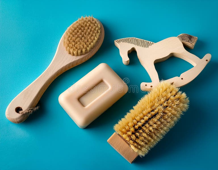 Rustic Natural Bath Essentials Set on Blue Background Stock ...