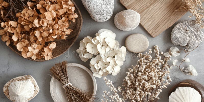 Rustic Natural Elements with Dried Flowers, Stones, and Wooden Textures ...