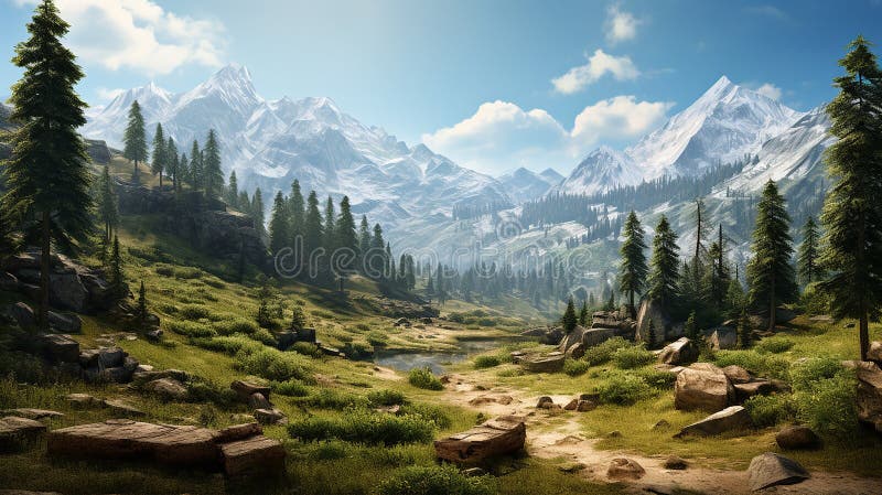 Rustic Natural Environment with Landscape Panorama with Pine Trees and ...