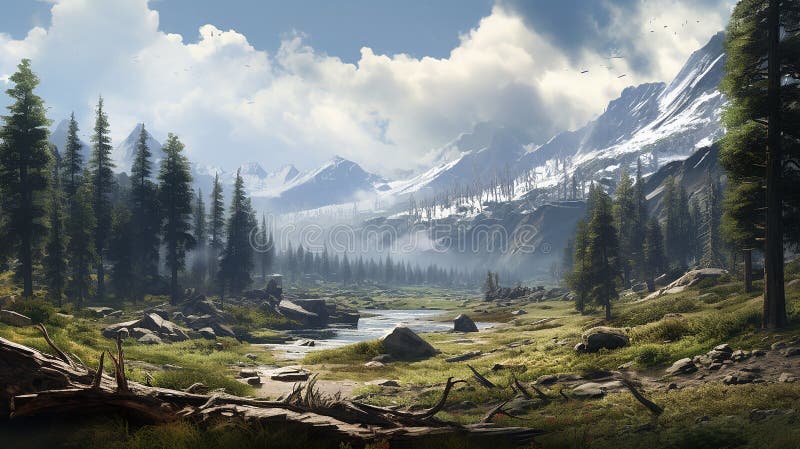 Rustic Natural Environment with Landscape Panorama with Pine Trees and ...