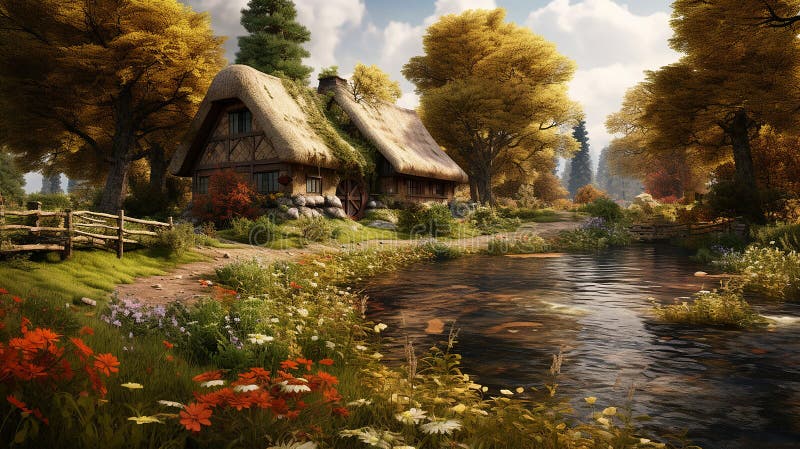 The Rustic Natural Home Environment in Front of the Lake Stock Photo ...