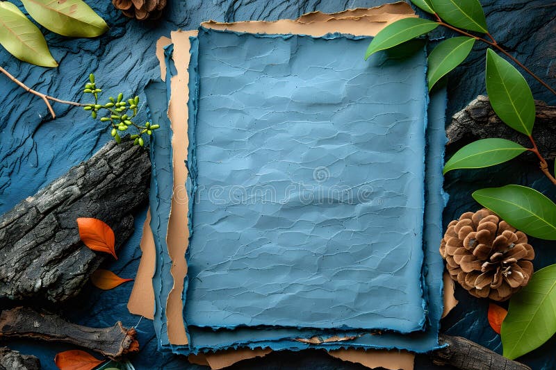 Rustic Nature-Inspired Background with Blue Textured Paper and Greenery ...