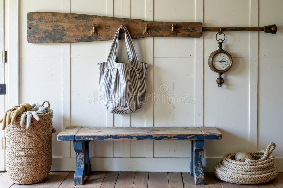 Rustic Nautical Decor with Bench and Rowing Oar in Coastal Home ...