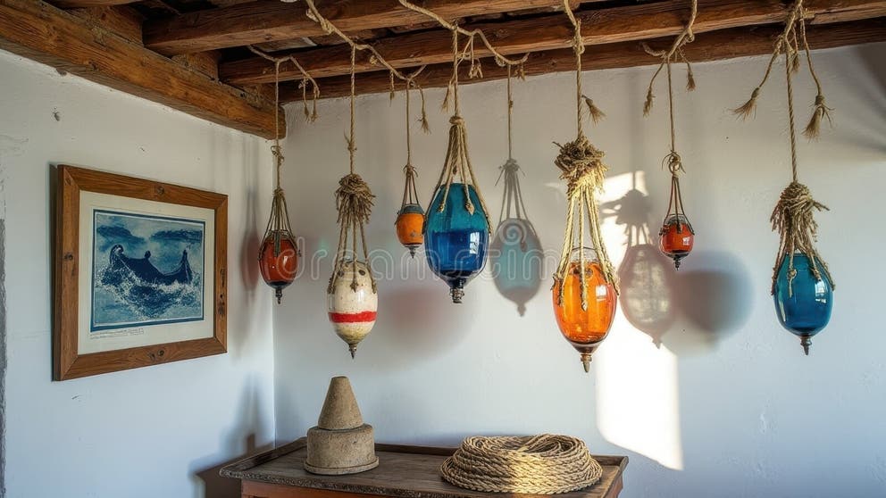 Rustic Nautical Decor with Hanging Buoys and Rope in Wooden Interior ...
