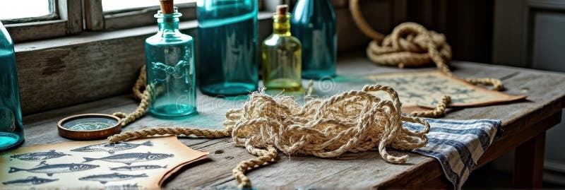 Rustic Nautical Decor with Rope and Vintage Bottles on Wooden Table by ...