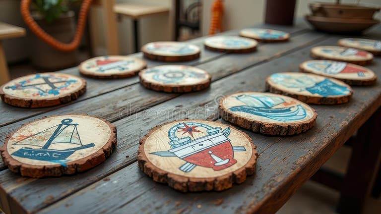 Rustic Nautical-themed Coasters on Wooden Table in Coastal Decor ...