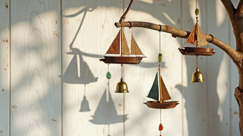 Rustic Nautical-themed Wind Chimes Against Wooden Wall with Shadows ...