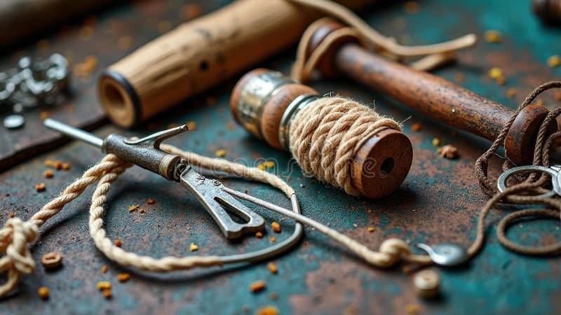 Rustic Nautical Tools on Weathered Surface with Rope and Wood Stock ...