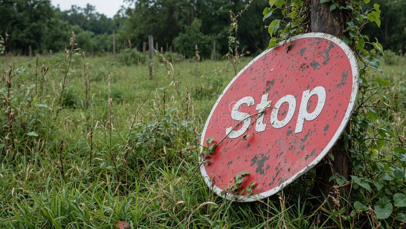 Rustic No Entry Sign in Overgrown Field with Stop Word Embossed in ...