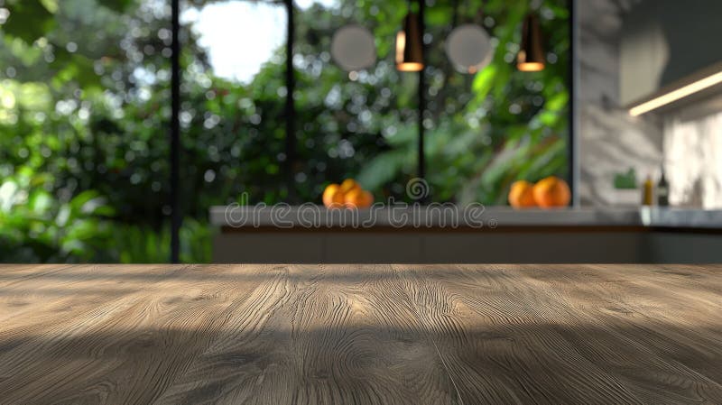 Rustic Oak Table Surface with Blurred Modern Kitchen Background ...