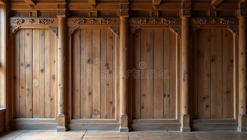 Rustic Oak Wood Tudor Paneling with Carved Leaf Motifs Stock ...