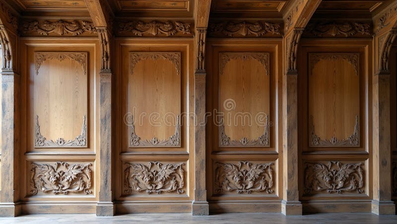 Rustic Oak Wood Tudor Paneling with Carved Leaf Motifs Stock ...