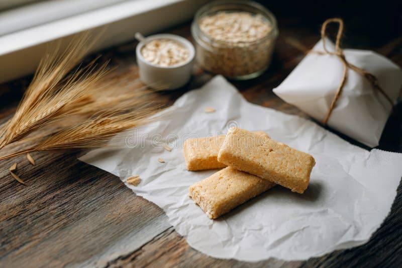 Rustic Oatmeal Granola Bars on Wooden Table with Wheat Stalks and ...