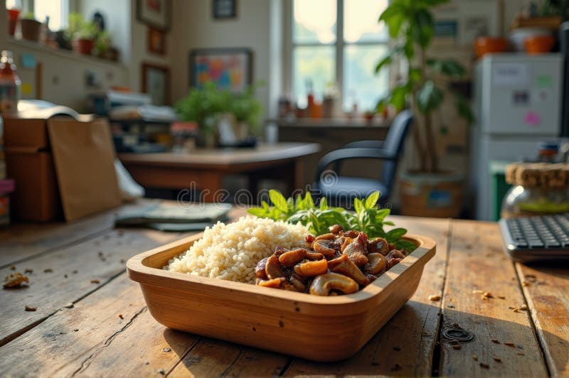 Rustic Office Lunch: Rice and Chili Beans in Cozy Workspace Setting ...