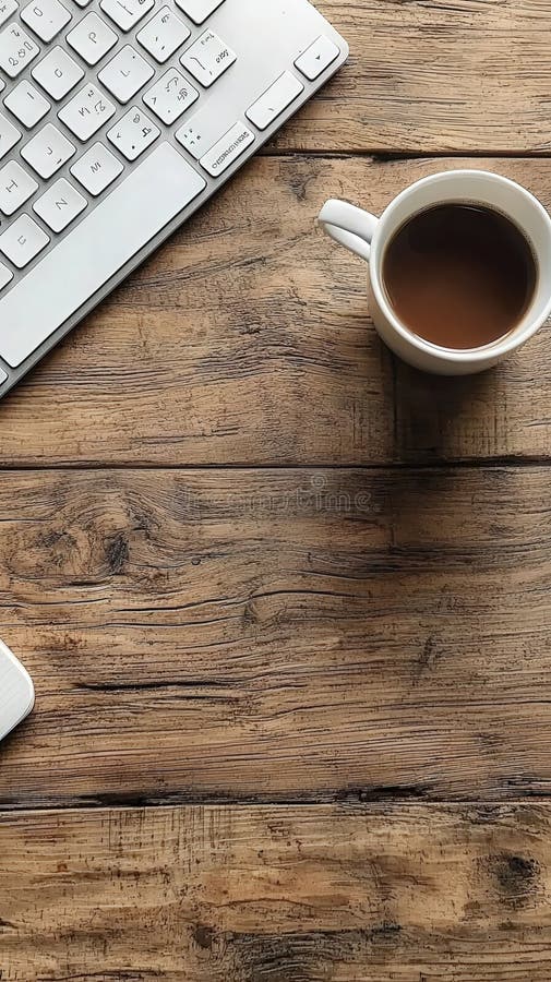 Rustic Office Workspace with Coffee and Computer Accessories Stock ...