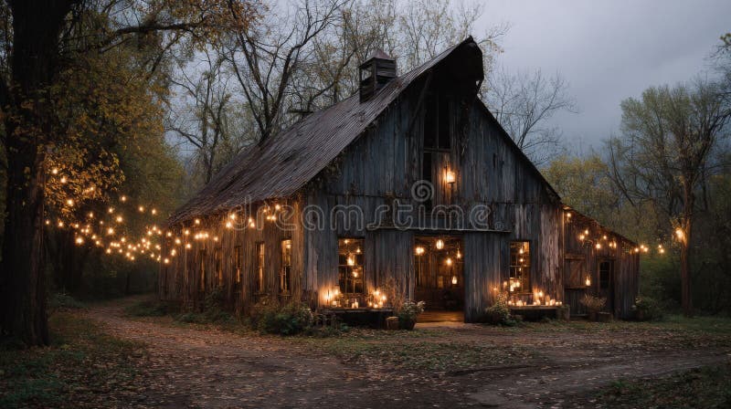 Rustic Old Barn at Night with String Lights Stock Illustration ...