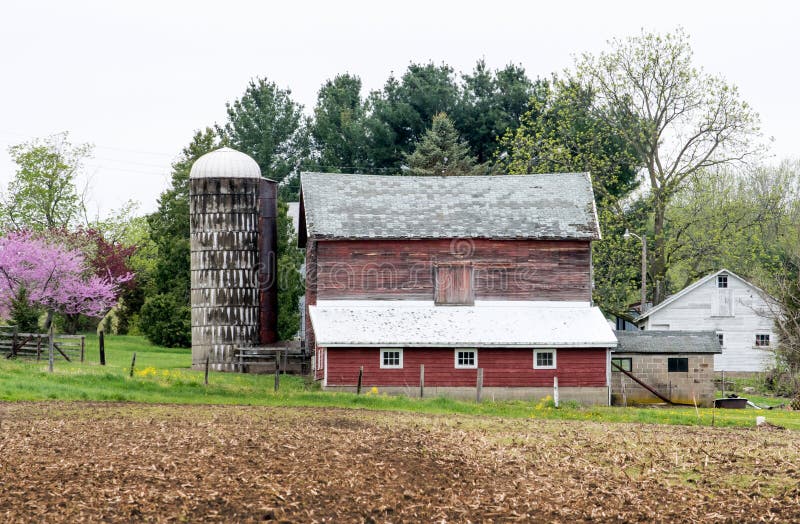 Rustic Old Barn and Silo in Spring Stock Photo - Image of horizon ...