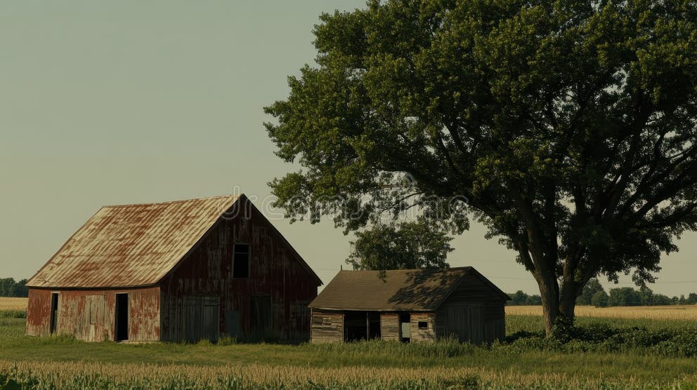 Rustic Old Barns Stand beside a Large Tree Stock Illustration ...