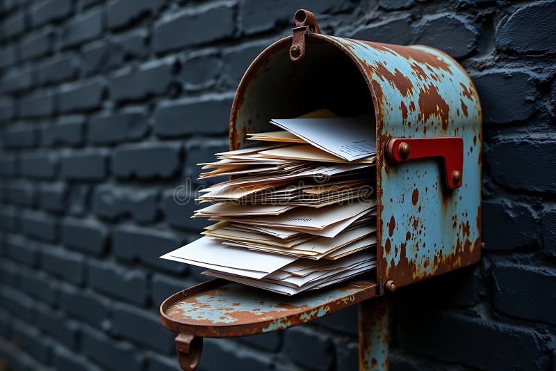 Rustic Old Metal Mailbox Full of Letters Against Black Brick Wall Stock ...