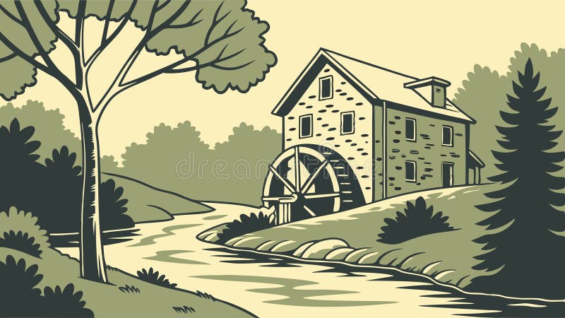 Rustic Old Mill by a Flowing River, Tranquil Countryside Scene, Vector ...
