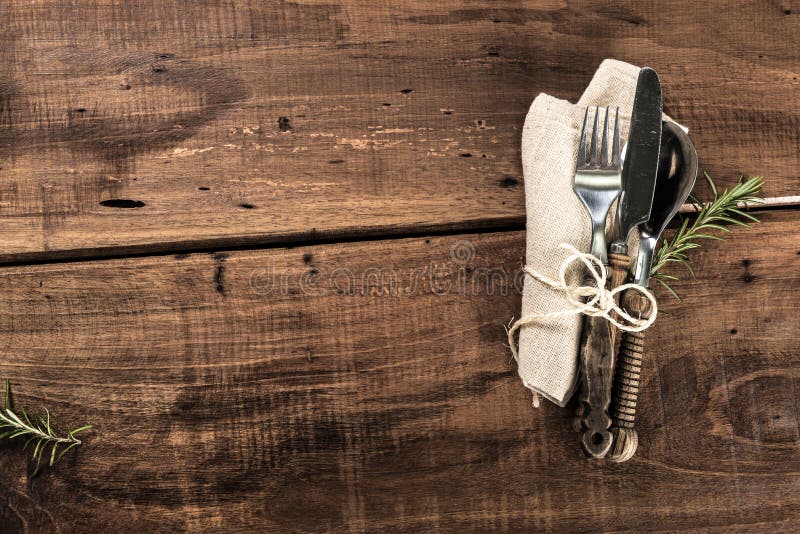 Rustic Old Restaurant Table with Fork Knife and Spoon Stock Photo ...