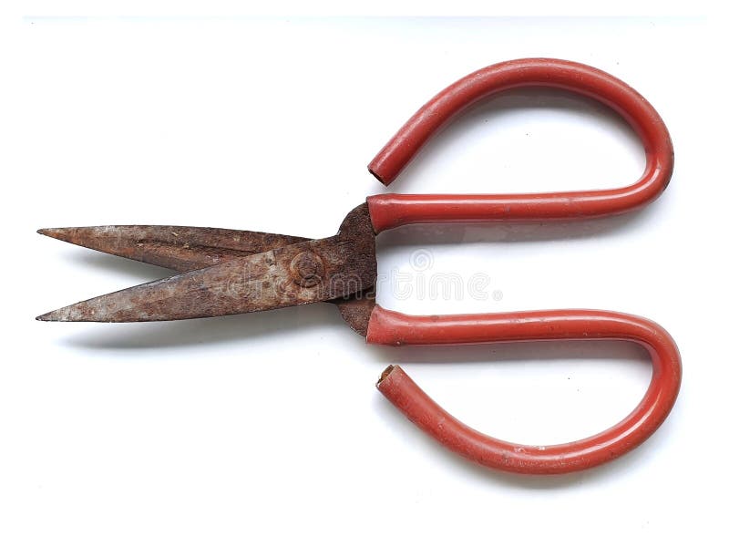 Rustic Old Scissors with Red Handle Isolated on White Background Stock ...