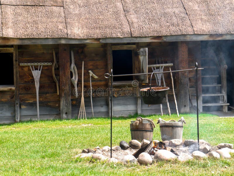 Rustic Old Village with Campfire Stock Photo - Image of campfire ...