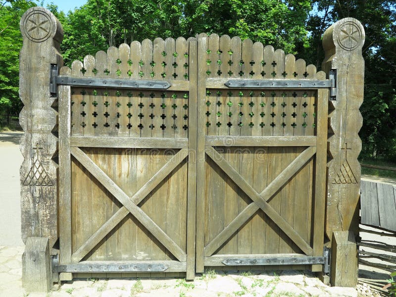 Rustic Old Wooden Gate with Decorations Retro Design. Stock Image ...
