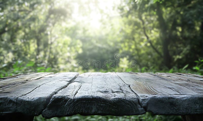 Rustic Old Wooden Table with Blurred Forest Background for Product ...