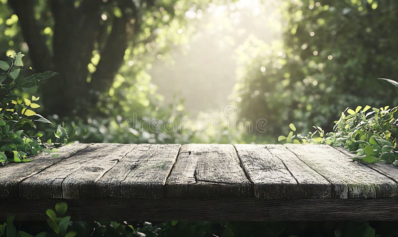 Rustic Old Wooden Table with Blurred Forest Background for Product ...