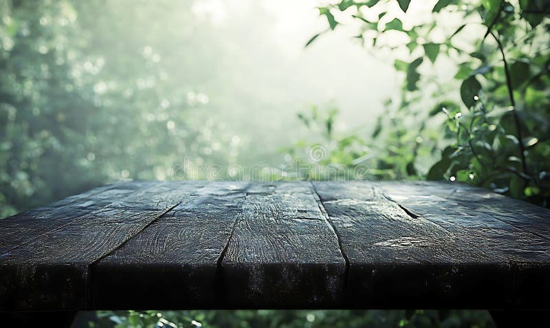 Rustic Old Wooden Table with Blurred Forest Background for Product ...